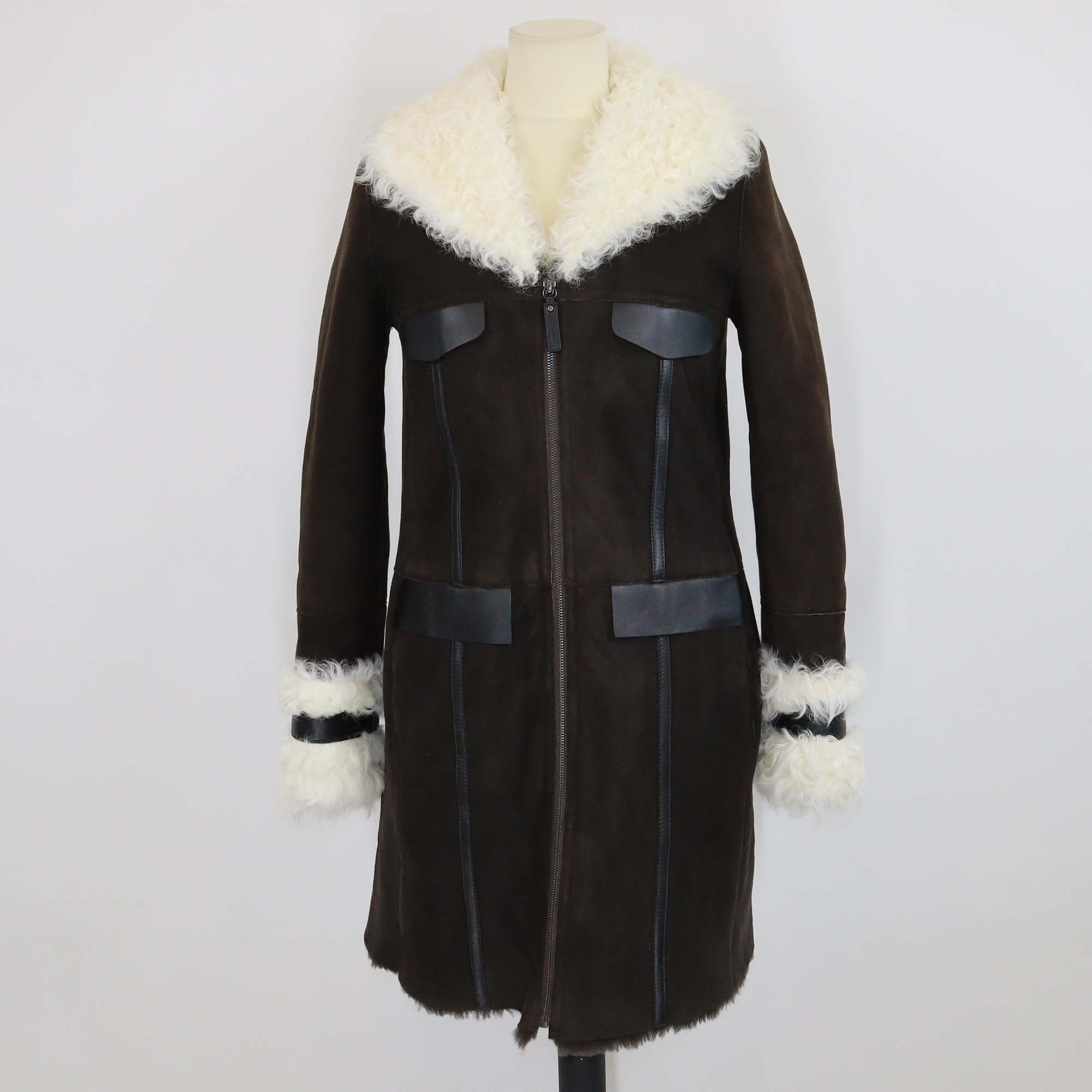 Longchamp Dark Brown Suede and Fur Zip Front Coat
